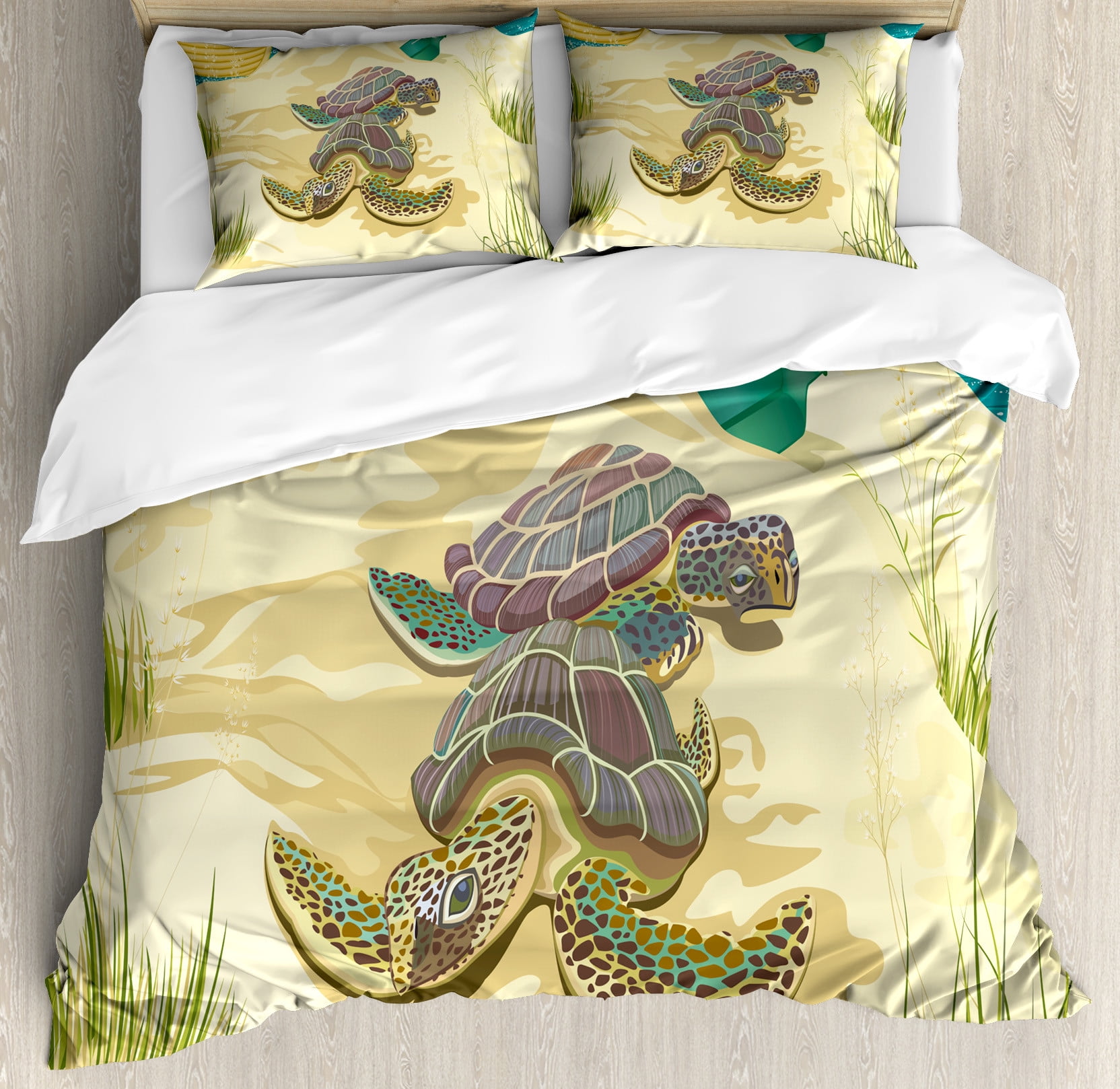 Turtle Duvet Cover Set, Illustration of 2 Sea Turtles on Sandy Summer ...