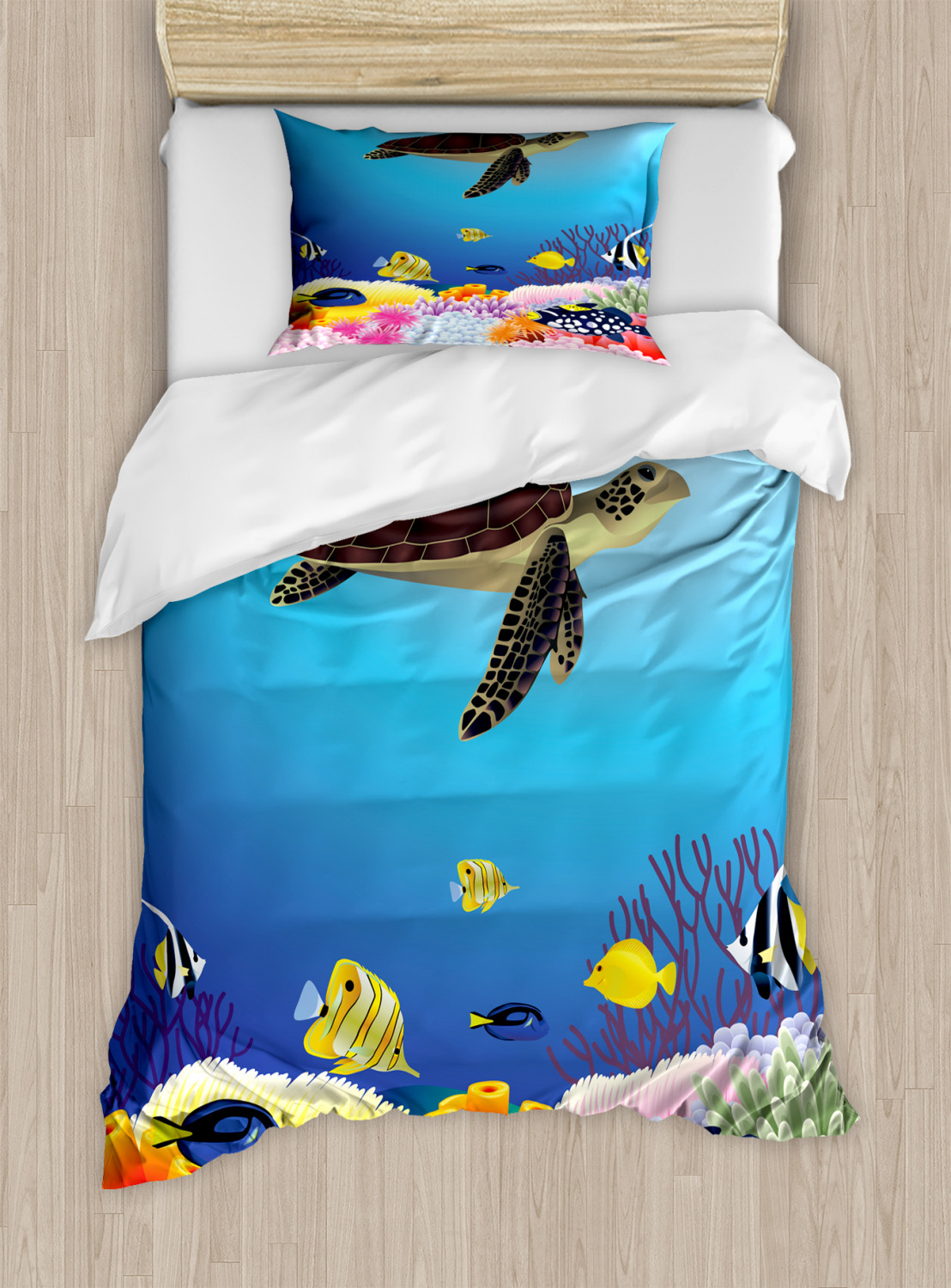Turtle Duvet Cover Set Twin Size, Aquatic Fauna Life Under the Sea ...