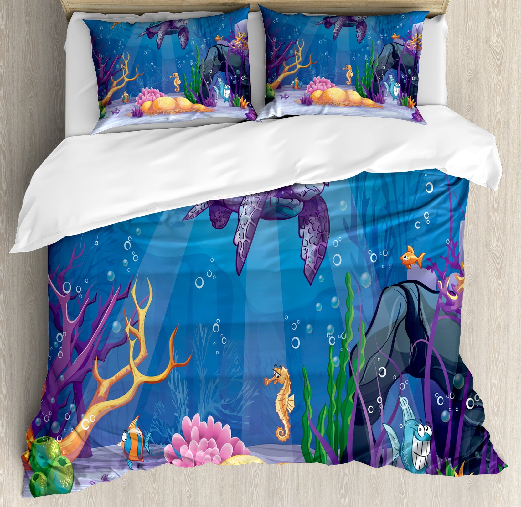 Turtle Duvet Cover Set, Underwater World Style Illustration Funny Fish ...
