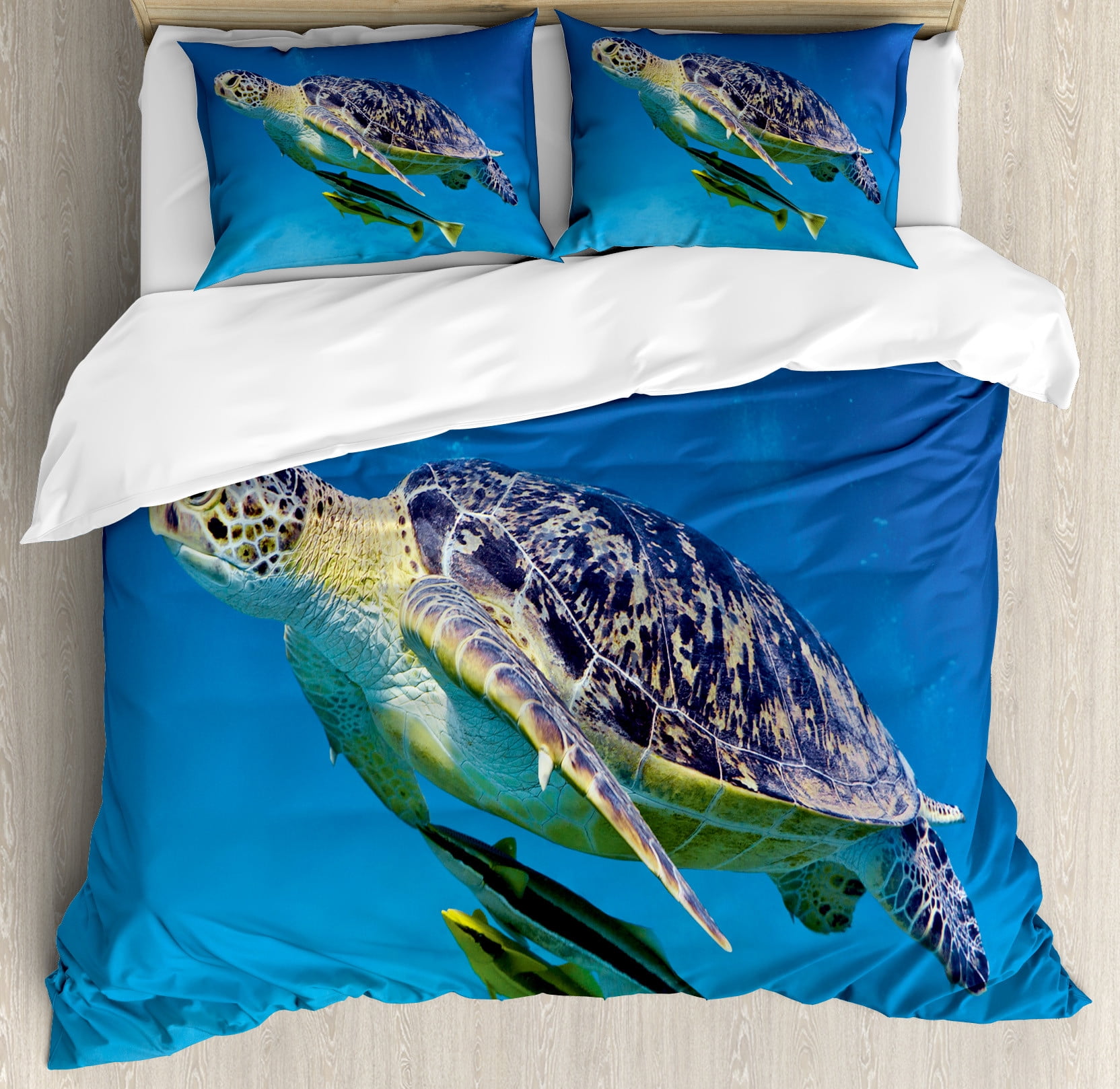 Turtle Duvet Cover Sets, Angry Looking Sea Turtle Swimming with Remora ...