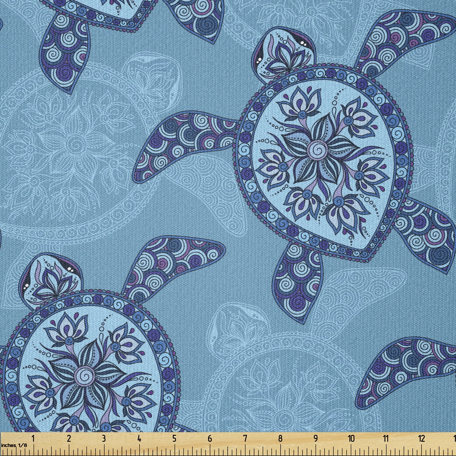 Turtle Fabric by The Yard, Aquatic Animals Hand Drawn Lily Flowers ...