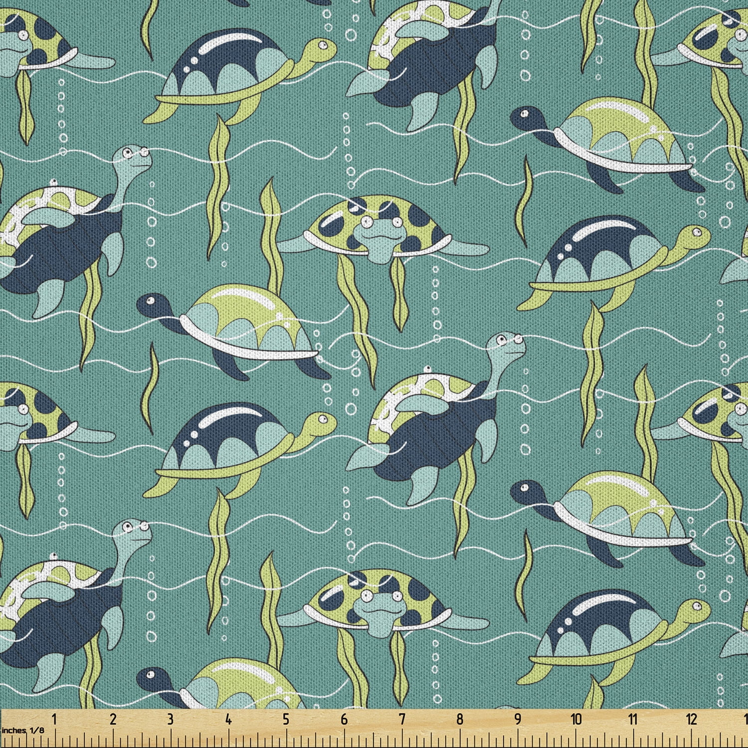 Turtle Fabric by The Yard, Underwater Wildlife Composition with Wavy Ocean and Colorful Animals ...