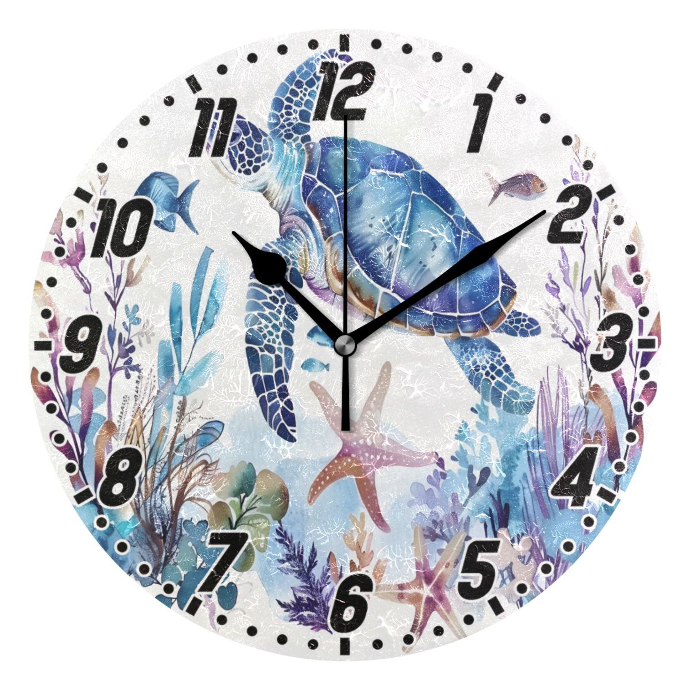 Turtle Fish Starfish Seaweed Round Wall Clock Battery Operated Silent ...