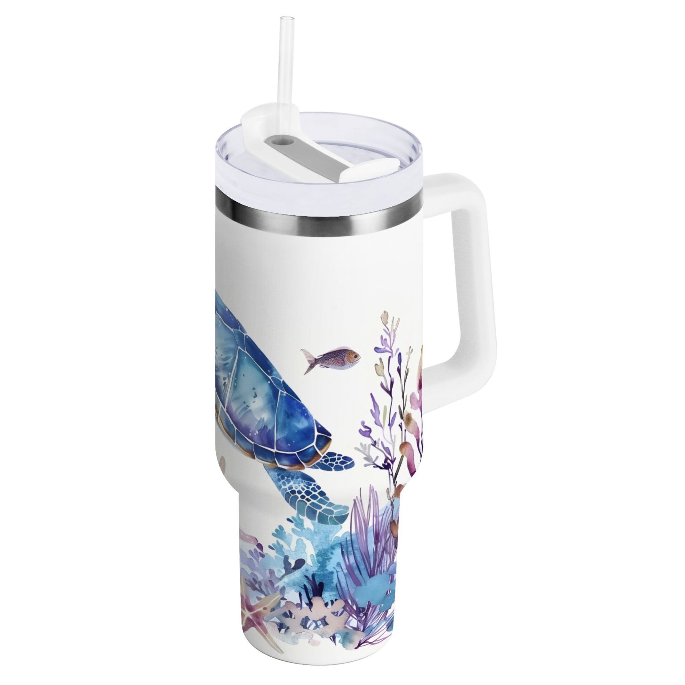 Turtle Fish Starfish Seaweed Tumbler with Handle and Straw Lid 40 oz ...