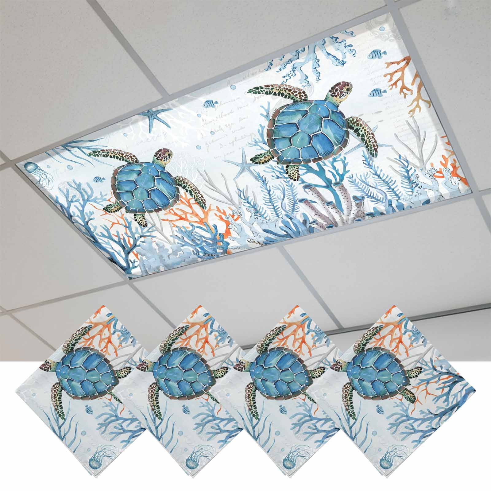 Turtle Fluorescent Light Covers, Blue Coastal Starfish Ocean Coral ...
