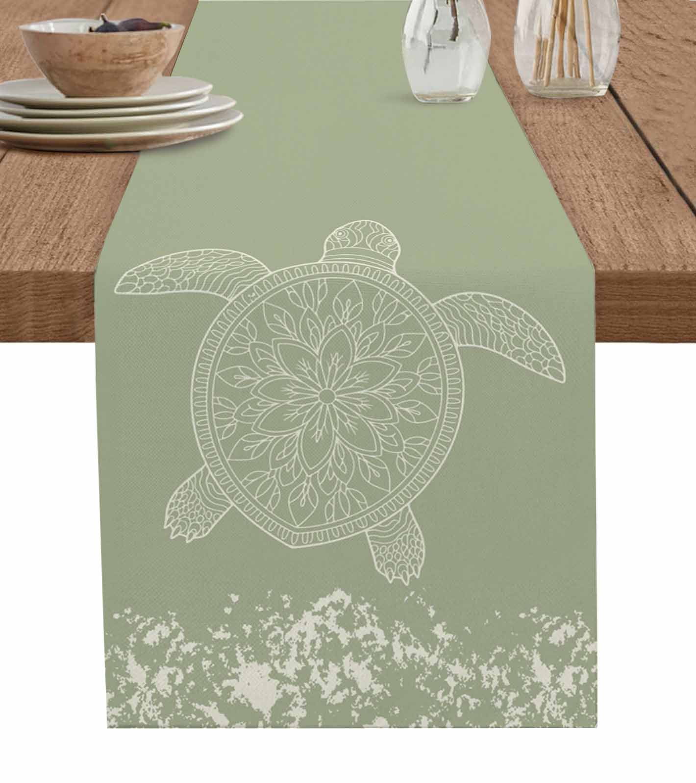 Turtle Green Table Runner 36 Inches, Coastal Ocean Boho Flower Retro ...