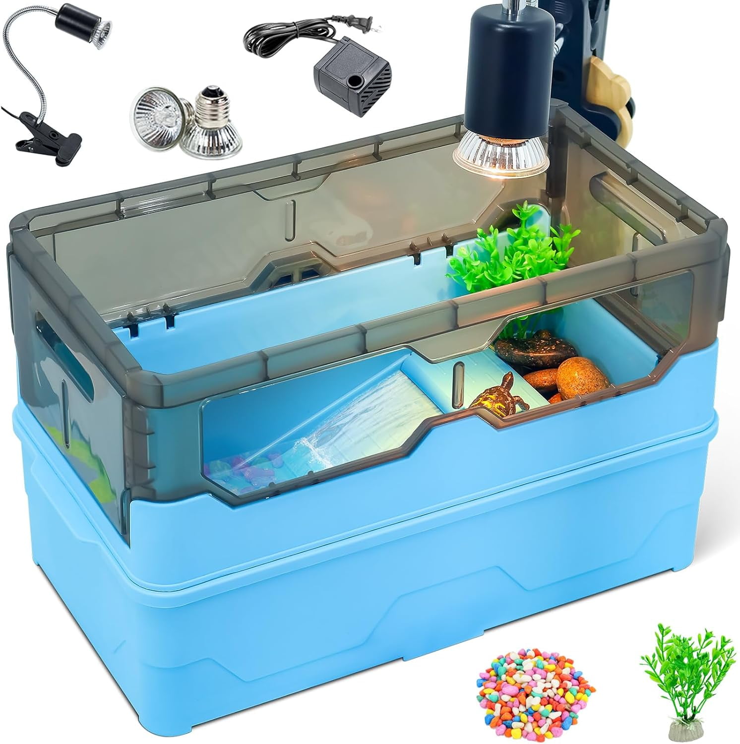 Turtle Habitat Tank Kit Fresh Filtration, Heat Lamp, Diverse Living ...