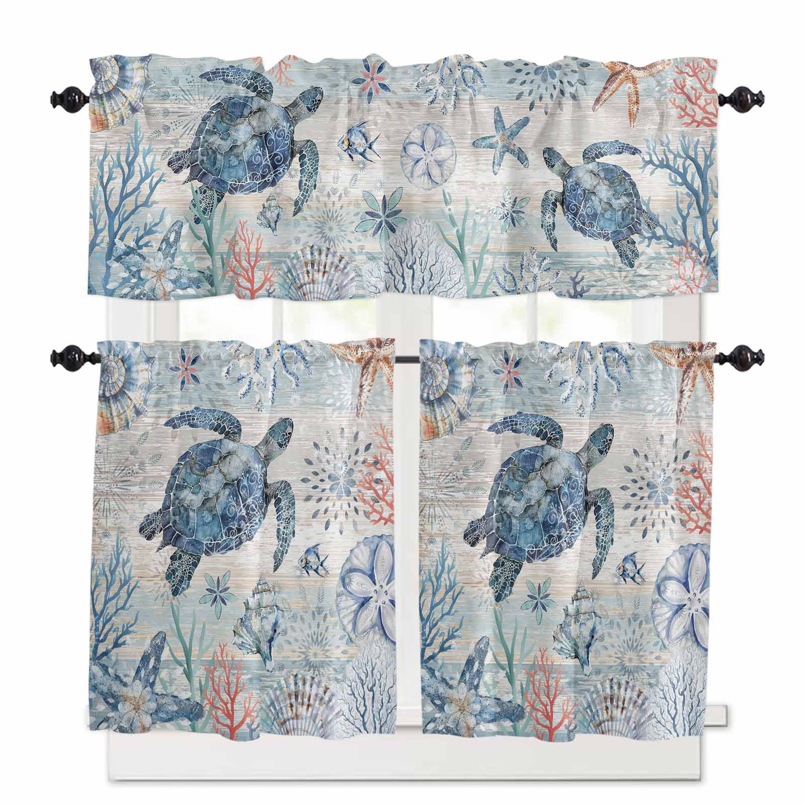 Turtle Kitchen Curtains Set for Windows 3 Pieces,24 Inch Length Tier ...