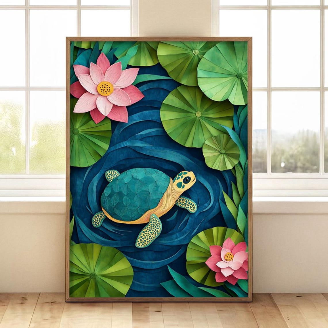 Turtle Lotus Pond Art Ocean Animal Illustration lily pad decor ...
