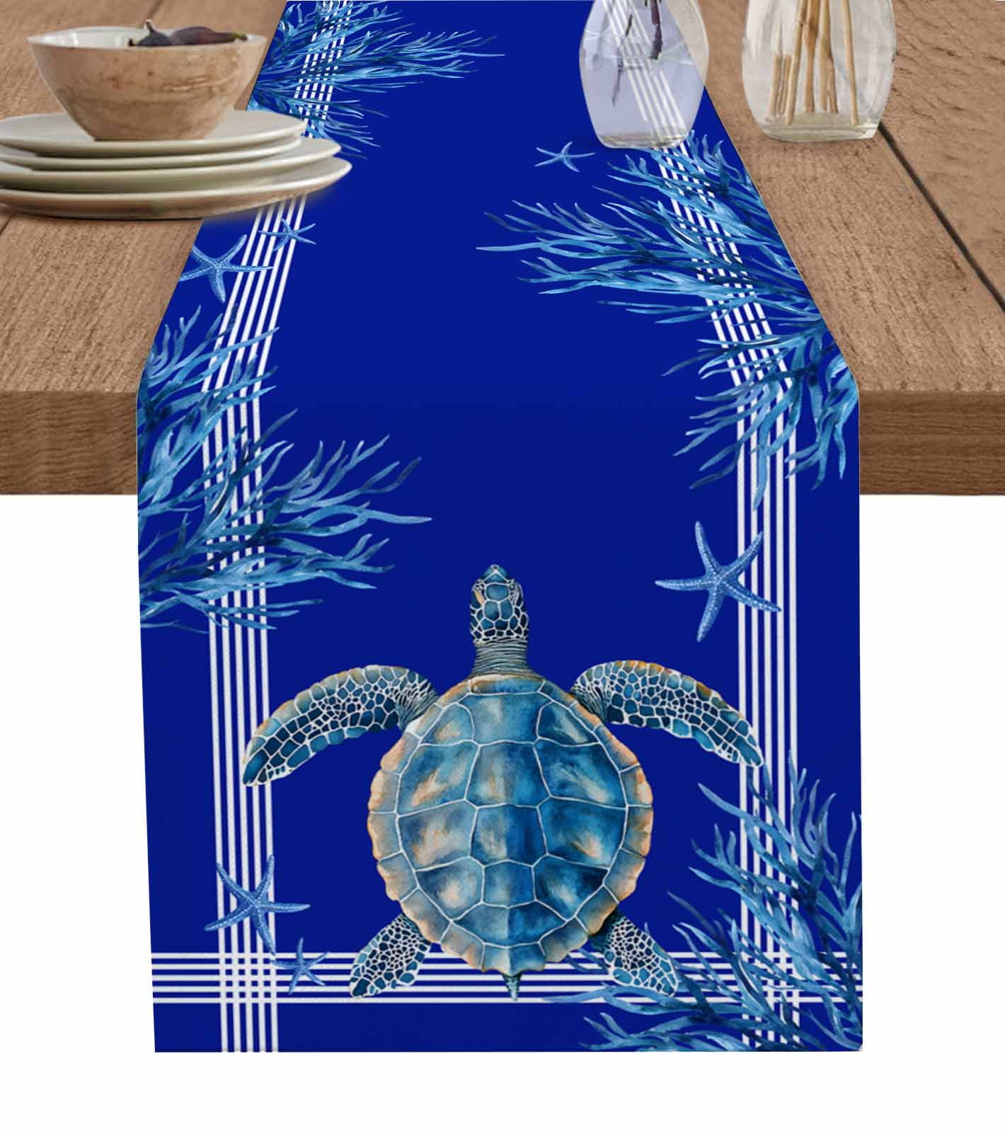 Turtle Navy Blue Table Runner 72 Inches, Coastal Starfish Coral Ocean ...