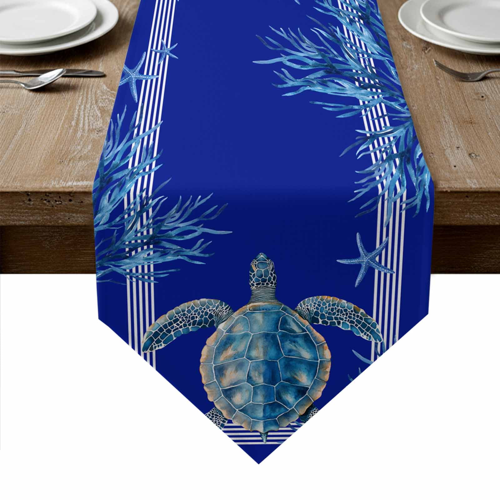 Turtle Navy Blue Table Runner Linen Burlap Table Runner 72 Inches Long ...