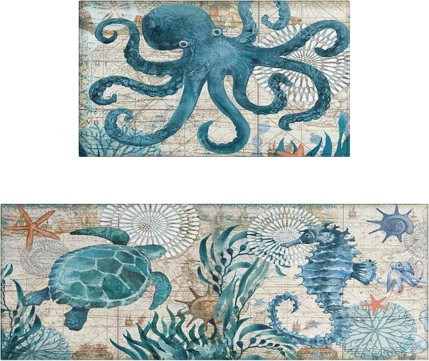 Turtle Octopus Kitchen Rugs and Mats Sets of 2,Sea Life Bath Kitchen ...