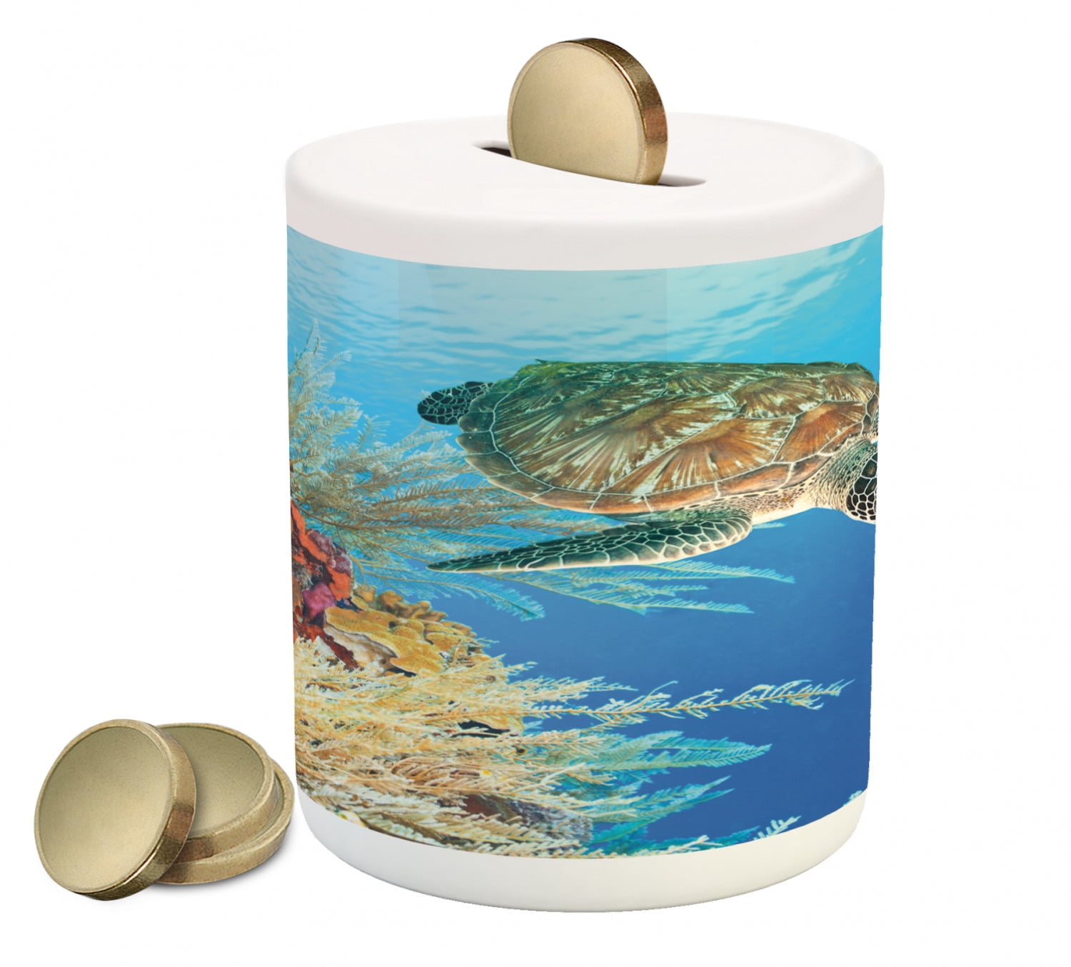 Turtle Piggy Bank, Colorful Underwater Animal Swimming Among the Coral ...