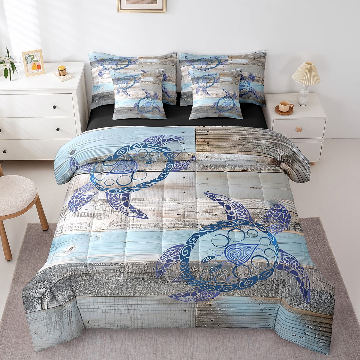 Turtle Print Bedding Twin Size 7 Pieces Cute Sea Turtle Comforter Set, Retro Geometric Stripe ...