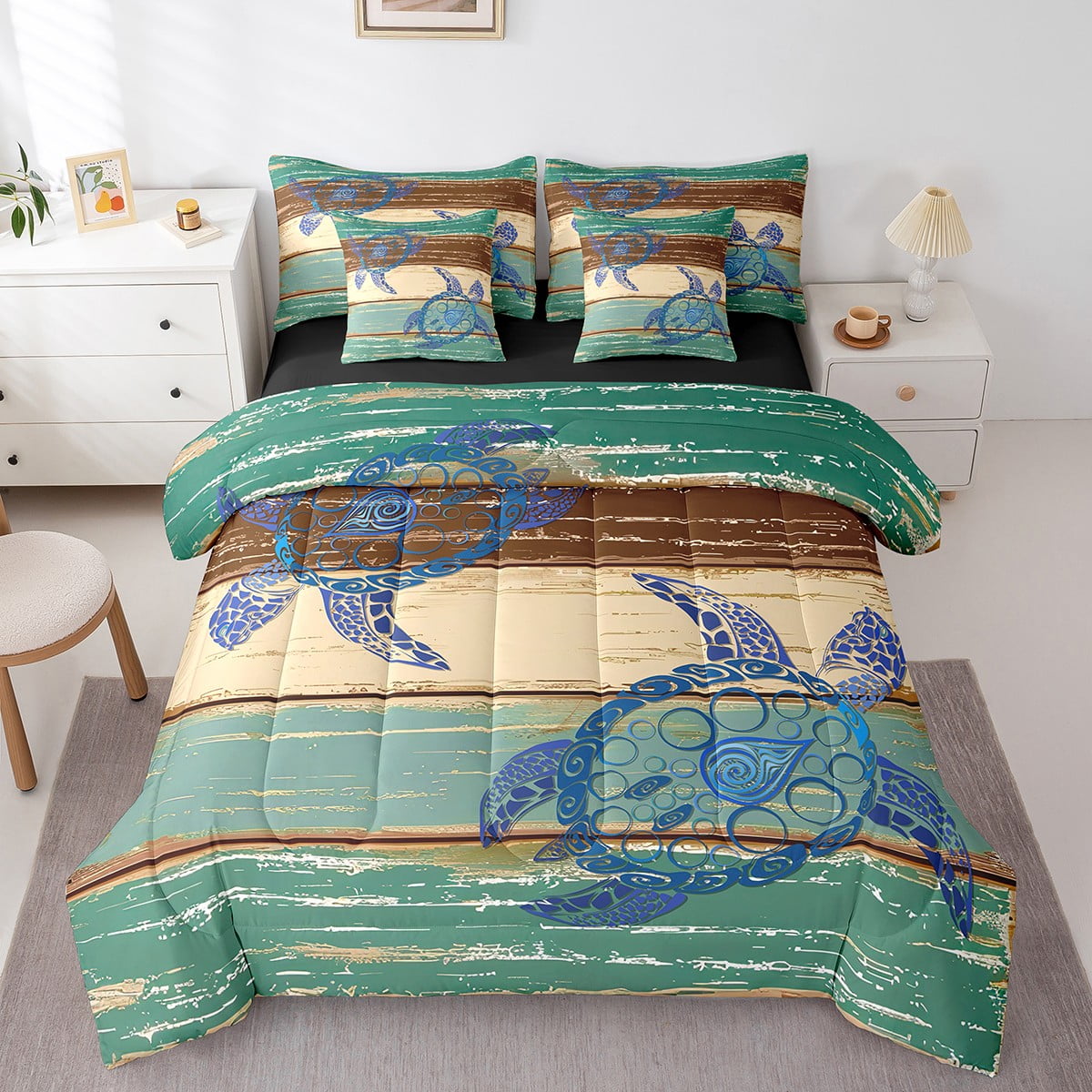 Turtle Print Bedding Twin Size 7 Pieces Cute Sea Turtle Comforter Set ...