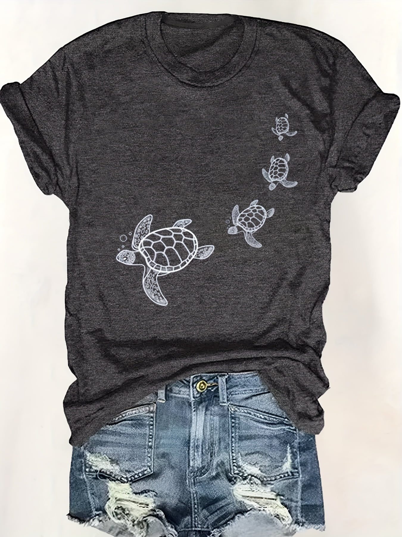 Turtle Print Crew Neck T-Shirt, Casual Short Sleeve T-Shirt For Spring ...