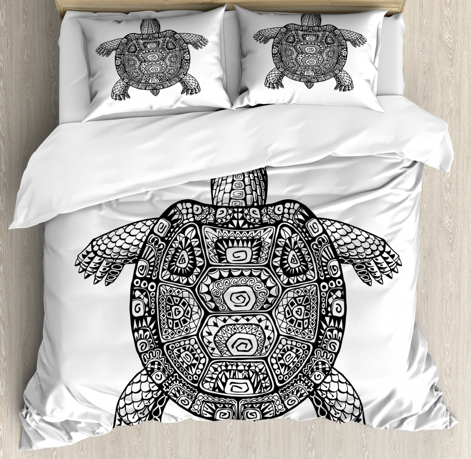 Turtle Queen Size Duvet Cover Set, Tribal Patterns on Turtle ...