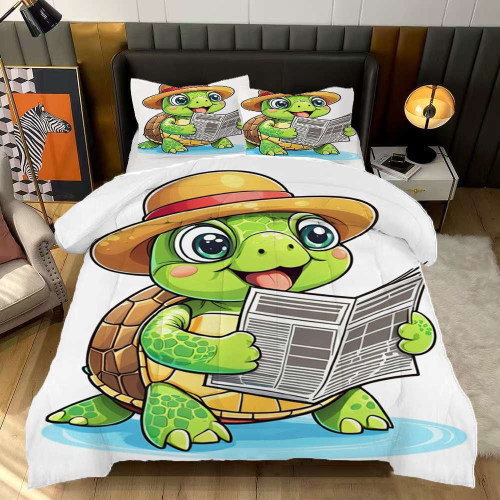 Turtle Reading Newspaper Comforter Set Queen Size Bedding Set For Travl ...