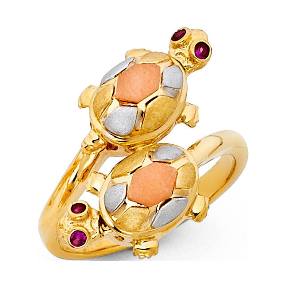 Turtle Ring Solid 14k Yellow White Rose Gold Two Turtles Curve Band CZ ...