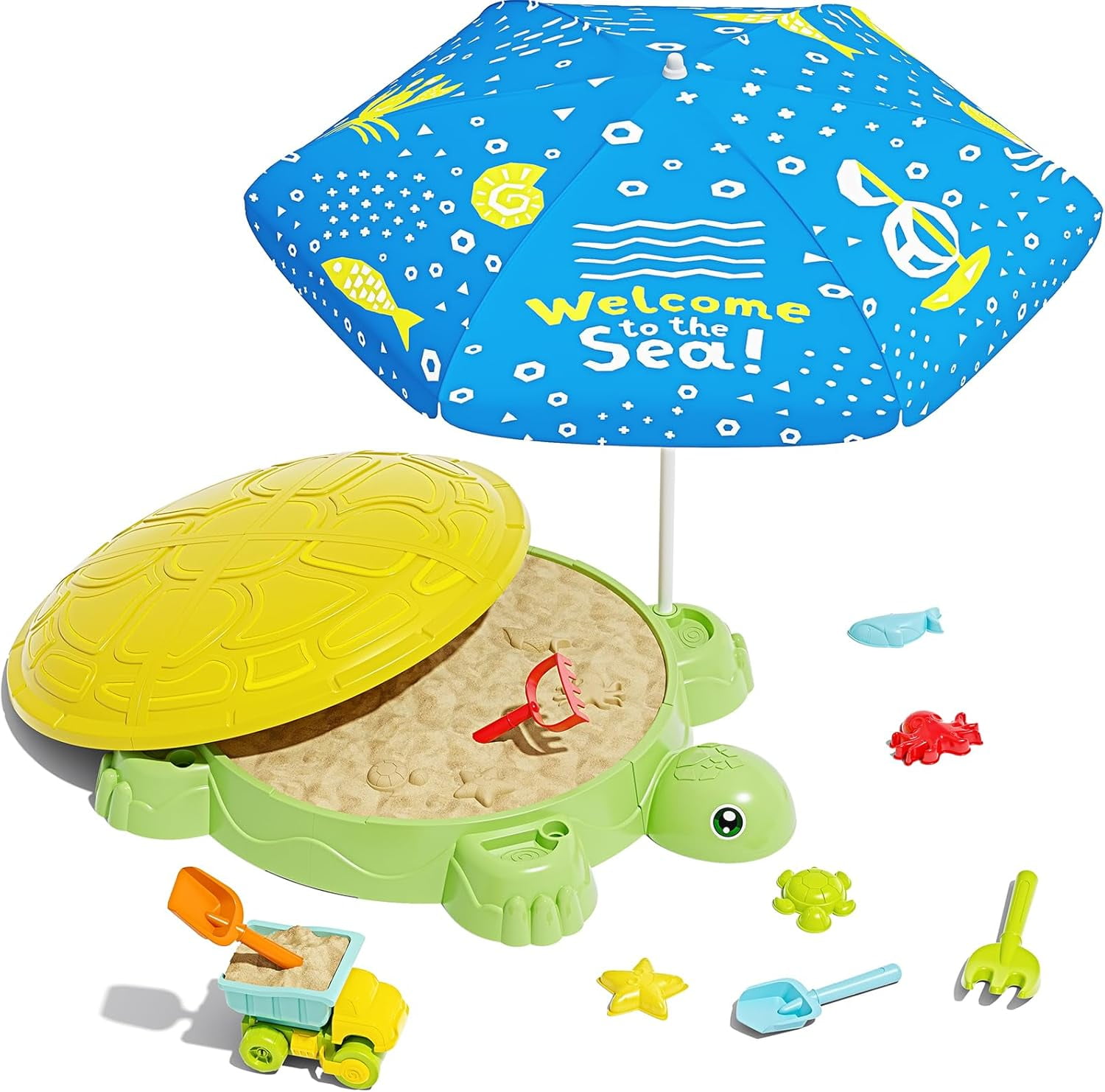 Turtle Sandbox with Lid & Adjustable Umbrella, Kids Sand Box with Sand ...