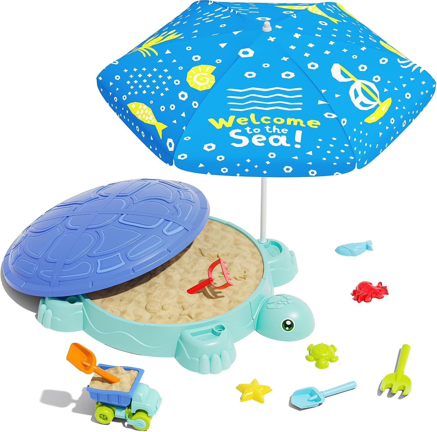 Turtle Sandbox with Lid & Adjustable Umbrella, Kids Sand Box with Sand ...