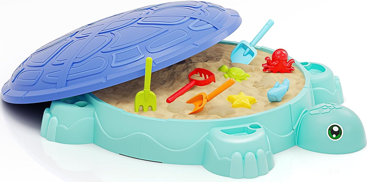 Turtle Sandbox with Lid & Adjustable Umbrella, Kids Sand Box with Sand Molds and Shovels Set for ...
