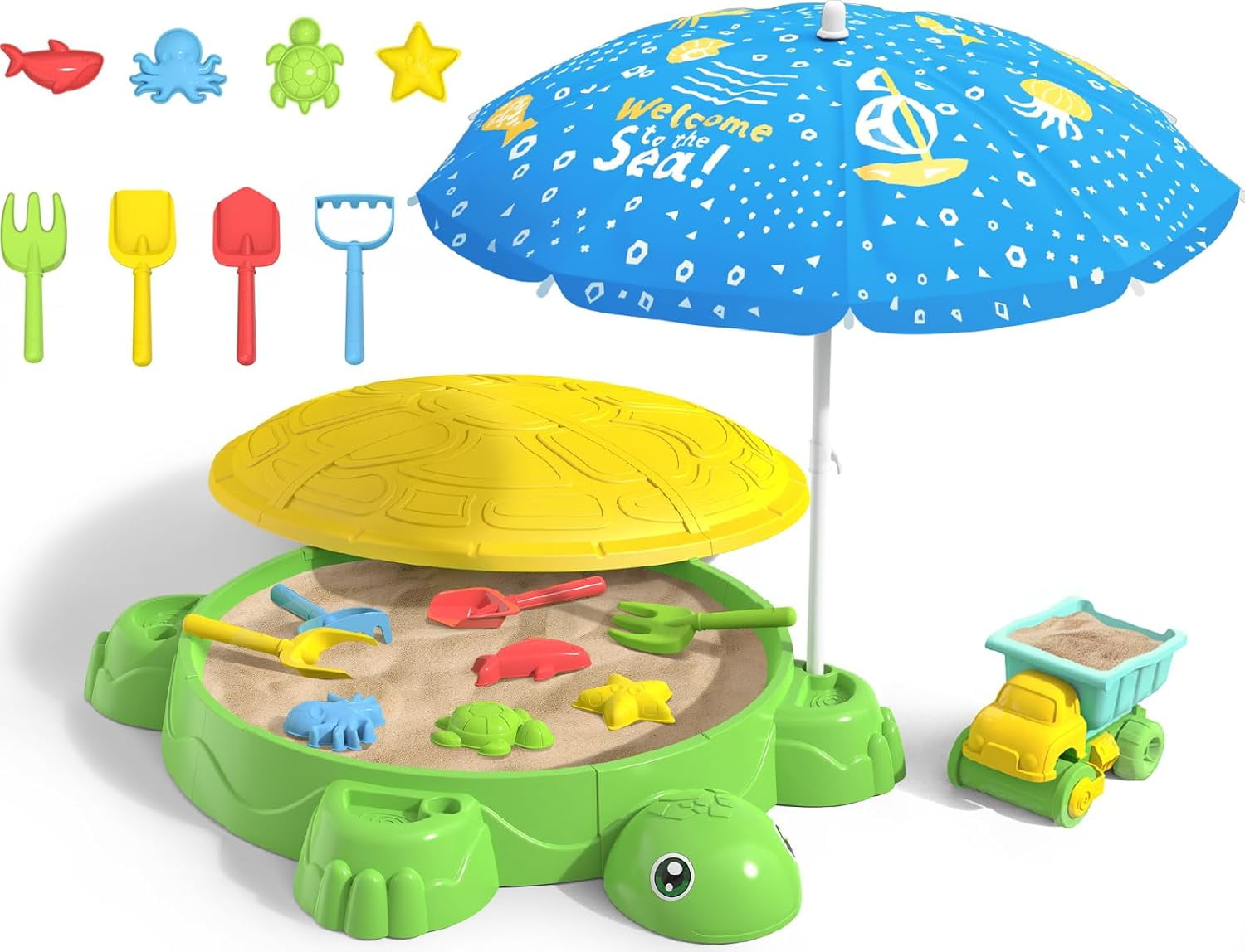 Turtle Sandbox with Lid & Adjustable Umbrella, Sand Pit with Dump Truck ...
