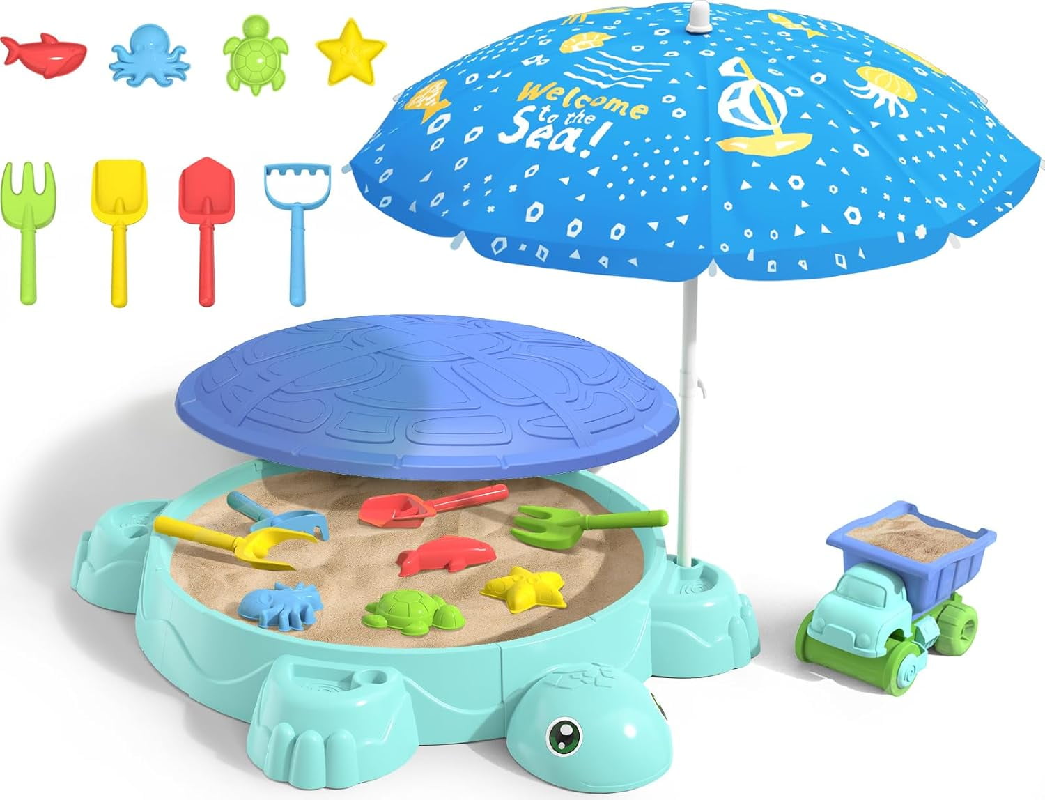 Turtle Sandbox with Lid & Adjustable Umbrella, Sand Pit with Dump Truck ...