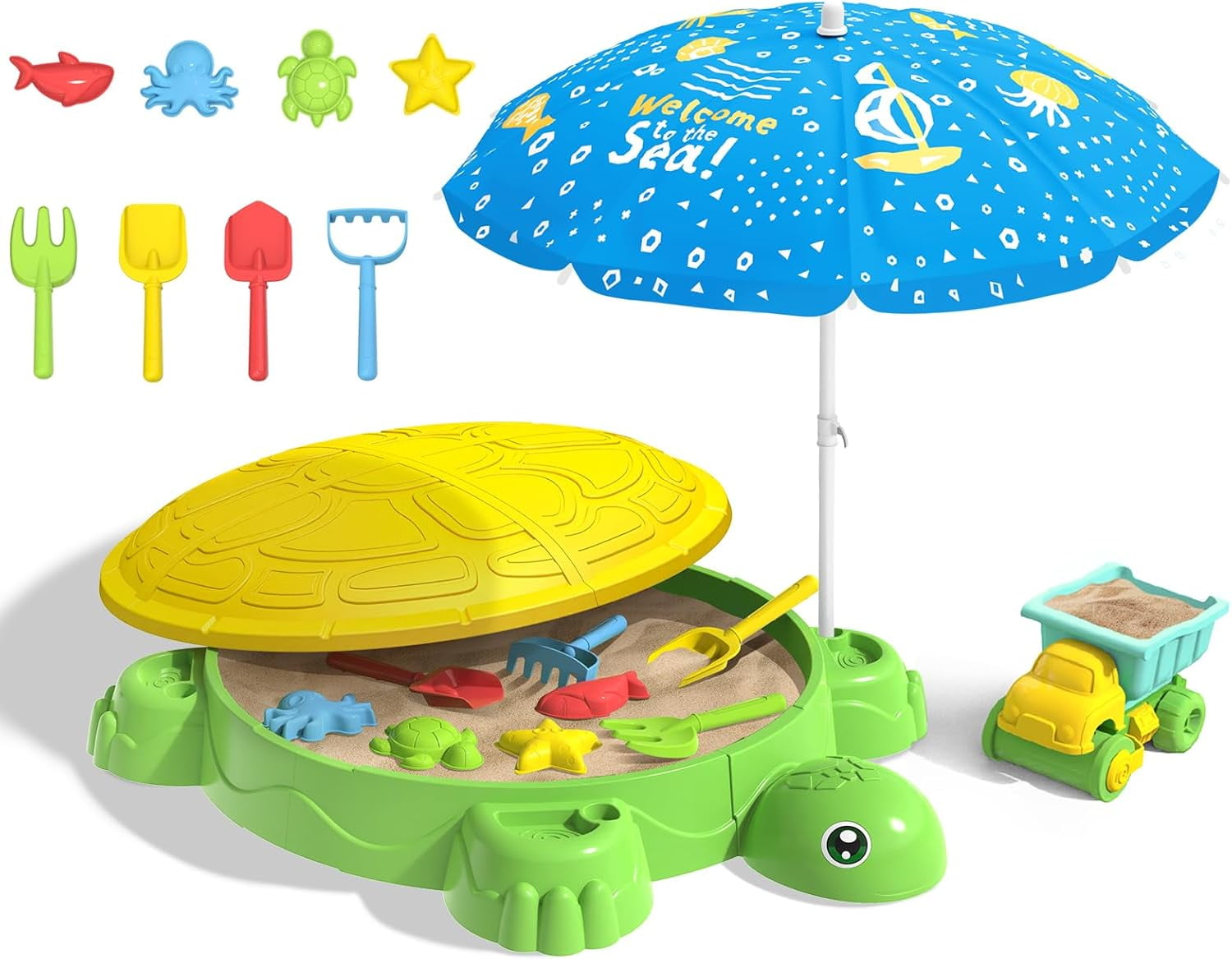 Turtle Sandbox with Lid & Adjustable Umbrella, Sand Pit with Dump Truck ...