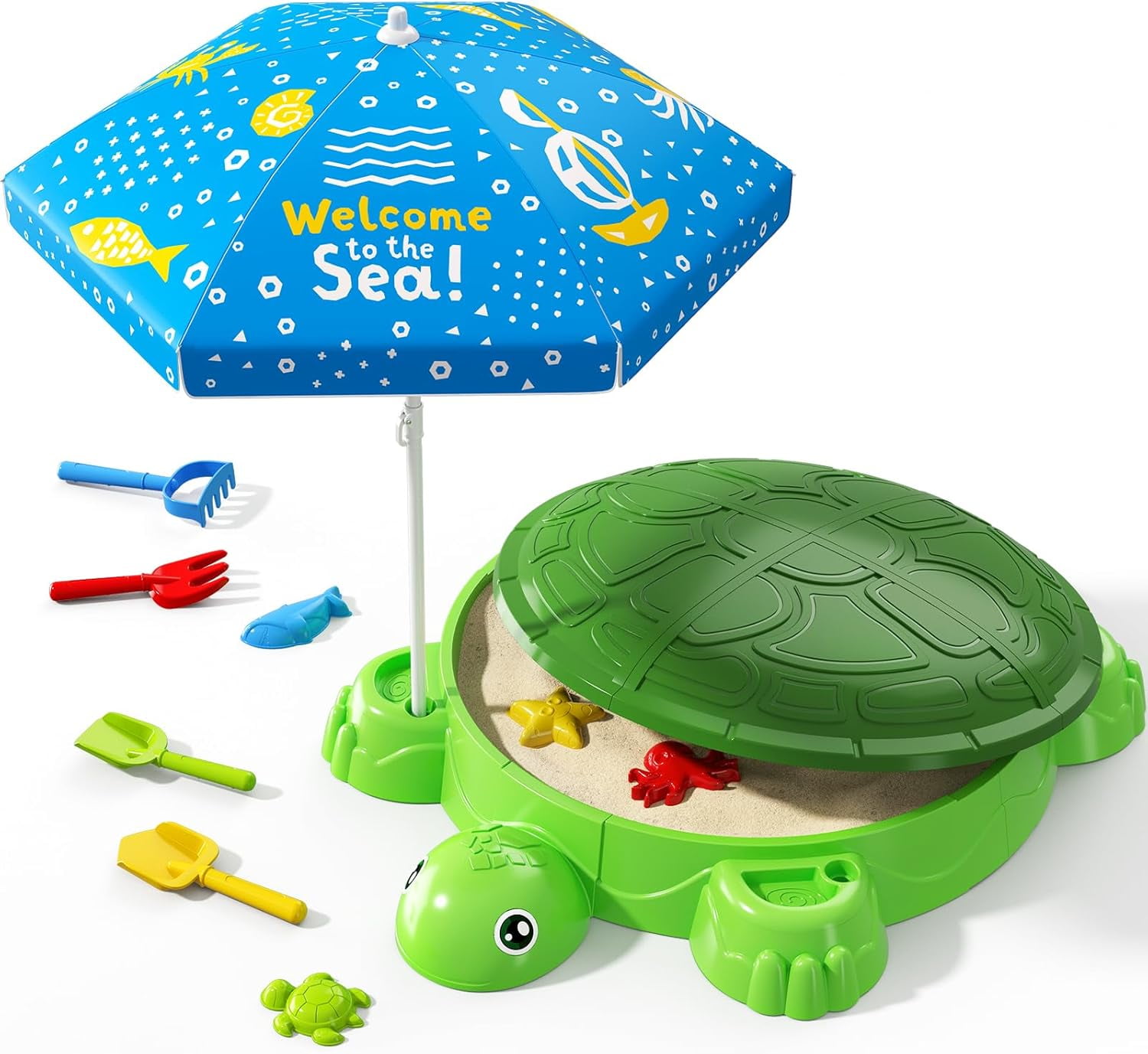 Turtle Sandbox with Lid, Sand Box with Cover incl 8 Sand Toys, Sensory ...