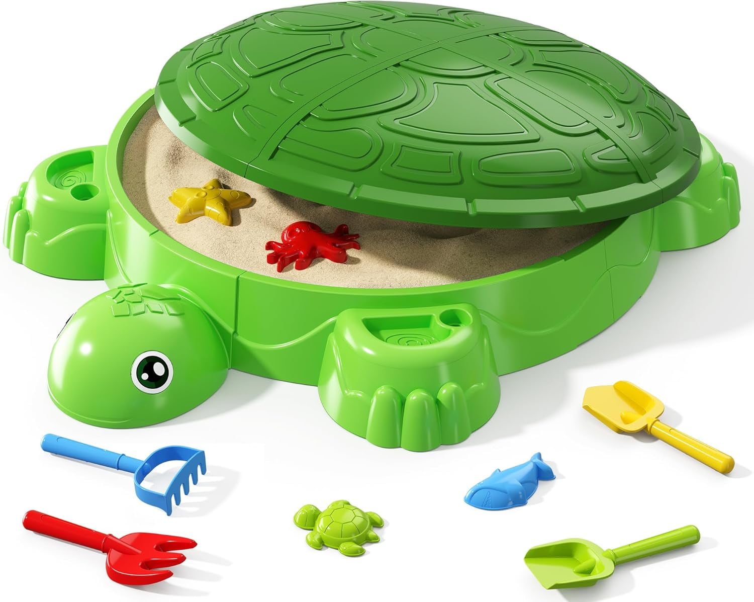 Turtle Sandbox with Lid, Sand Box with Cover incl 8 Sand Toys, Sensory Playsand Activity for ...