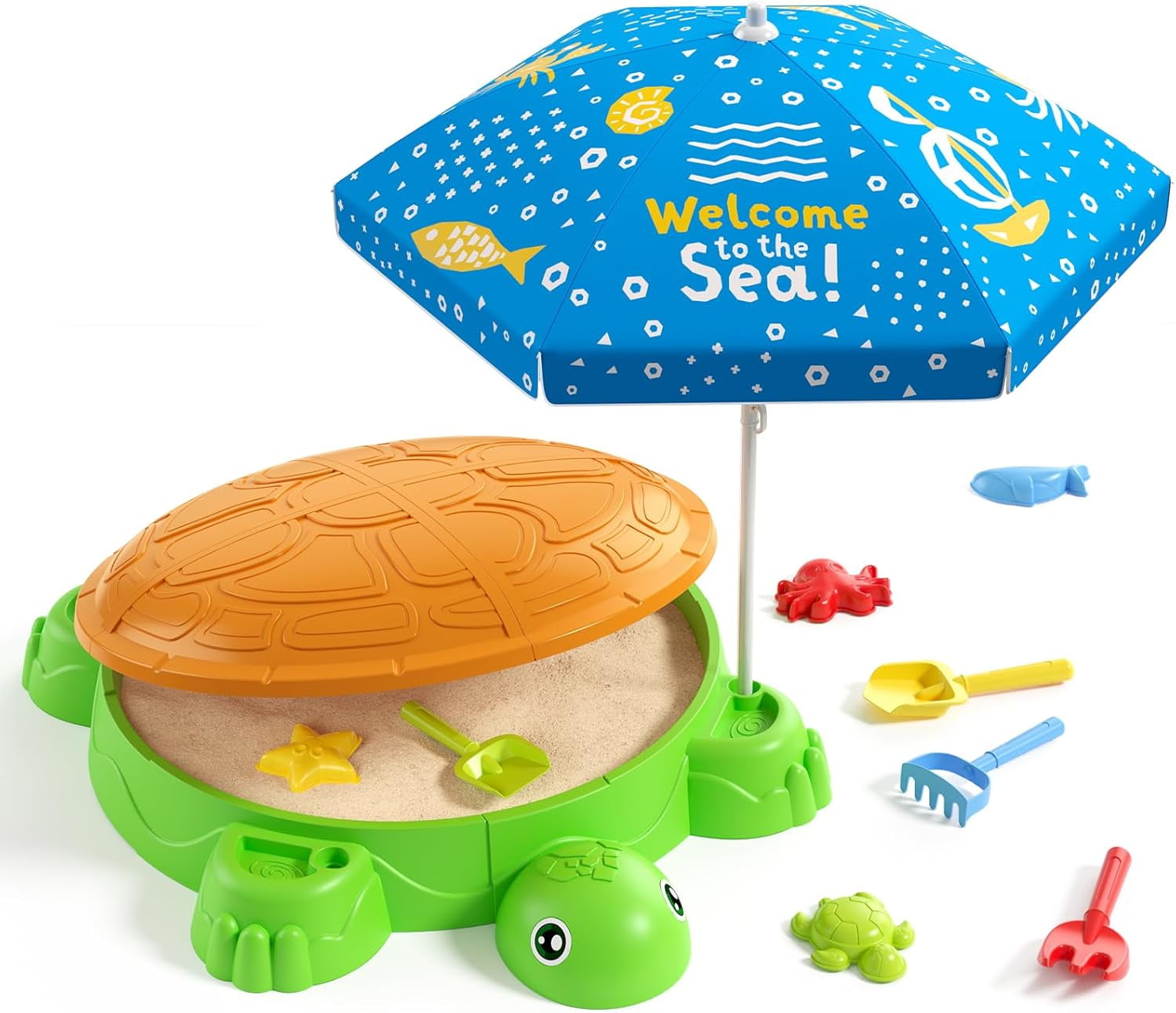Turtle Sandbox with Lid, Sand Pit with Adjustable Umbrella & 8pcs Beach ...