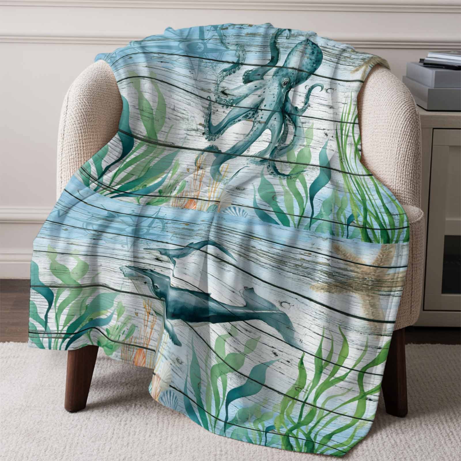 Turtle Seahorse Octopus Whale Throw Blanket Flannel Fleece Throws ...