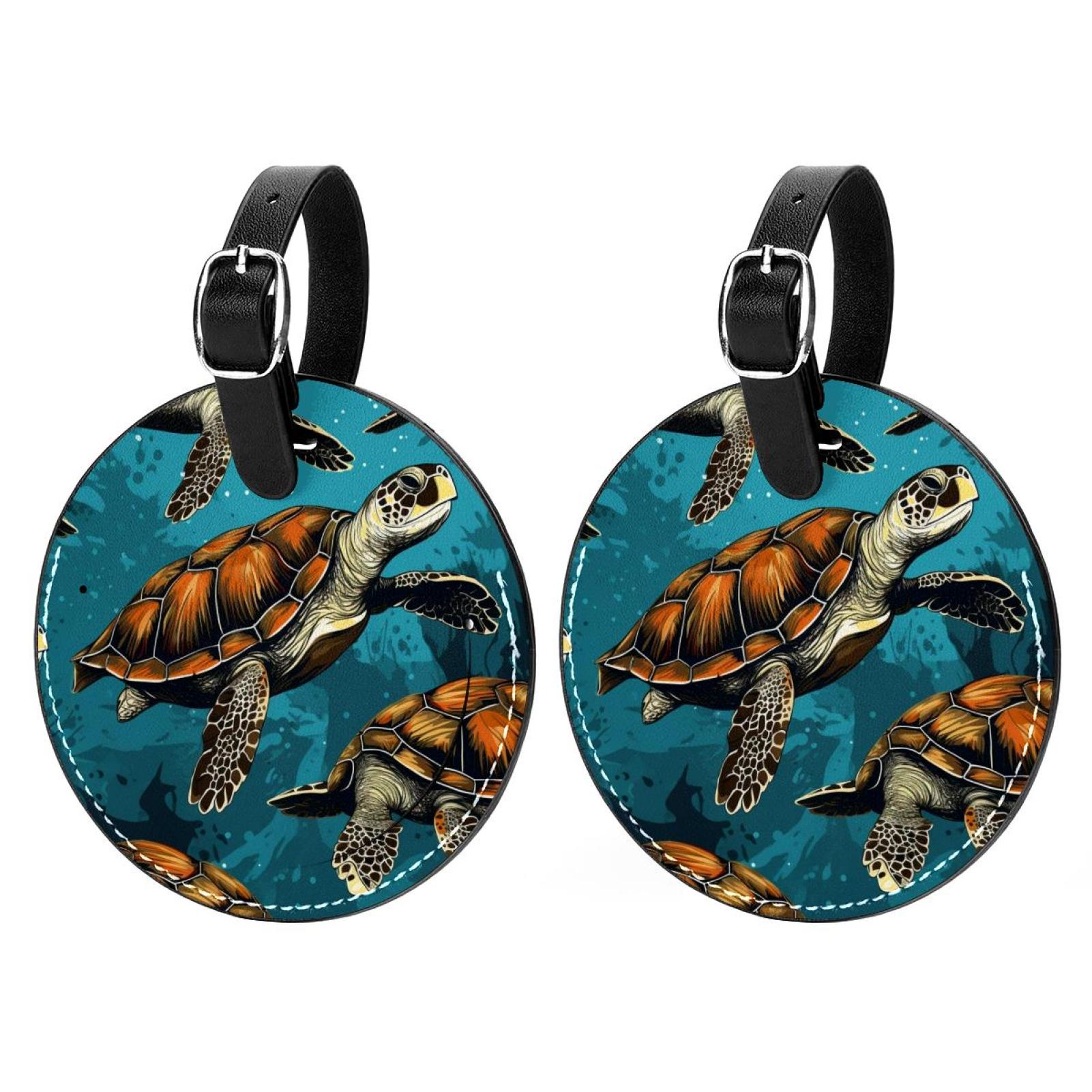 Turtle Seamless 2Pcs PU Leather Round Luggage Tags with Privacy Cover ...