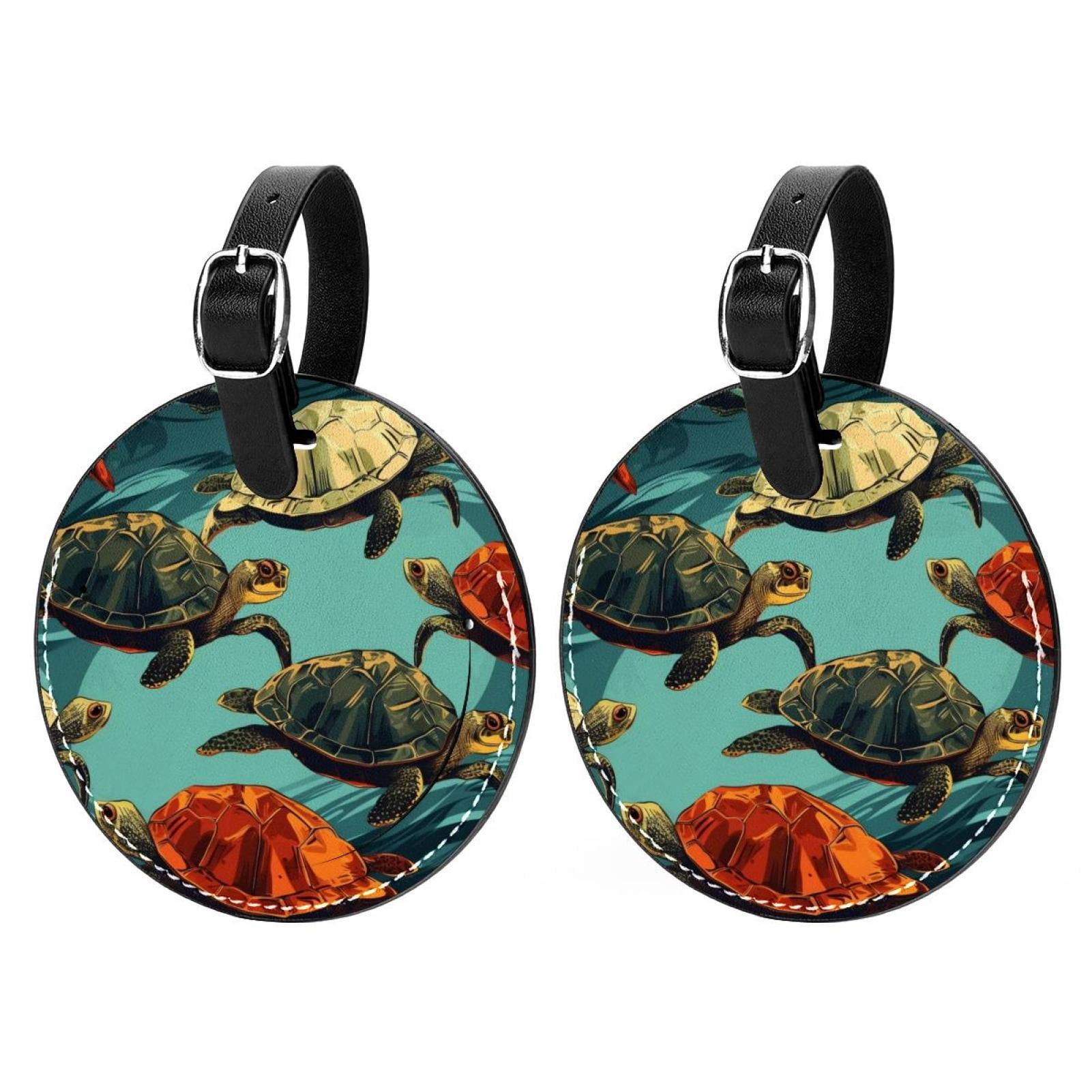 Turtle Seamless 2Pcs PU Leather Round Luggage Tags with Privacy Cover ...