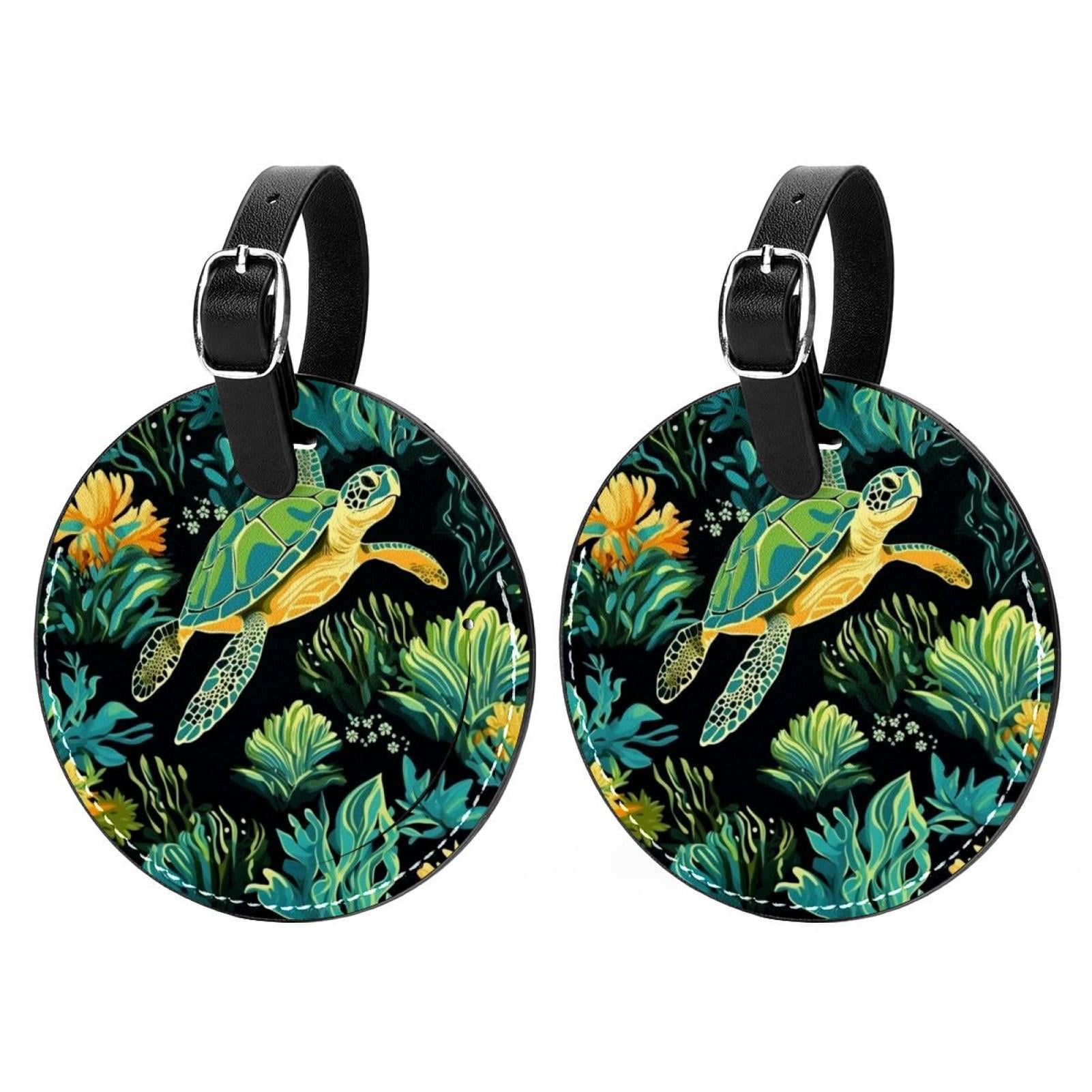 Turtle Seamless 2Pcs PU Leather Round Luggage Tags with Privacy Cover ...
