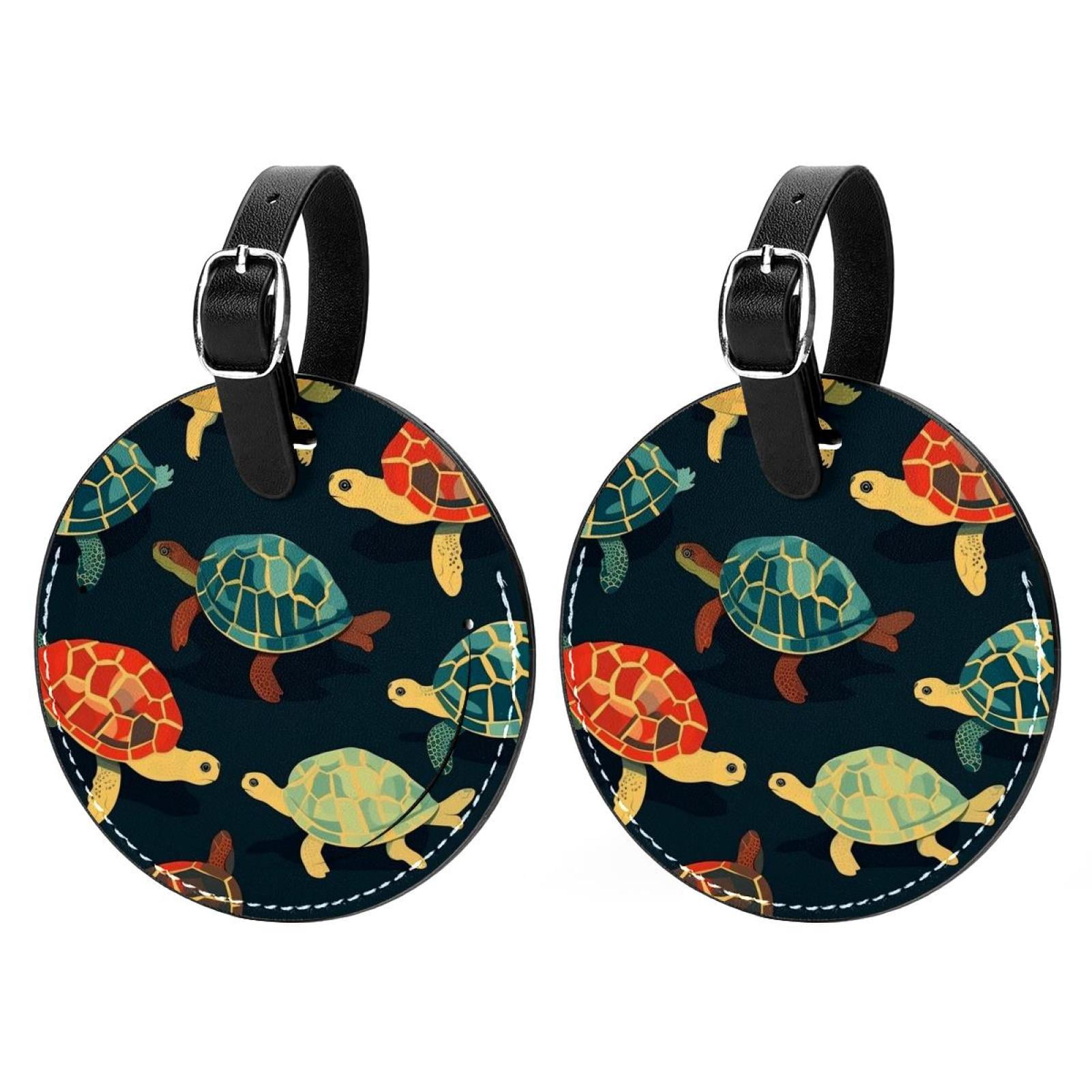 Turtle Seamless 2pcs PU Leather Round Bag Tags with Privacy Cover and ...