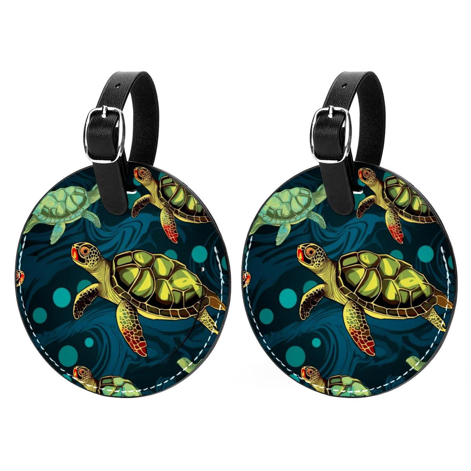 Turtle Seamless 2pcs PU Leather Round Bag Tags with Privacy Cover and ...