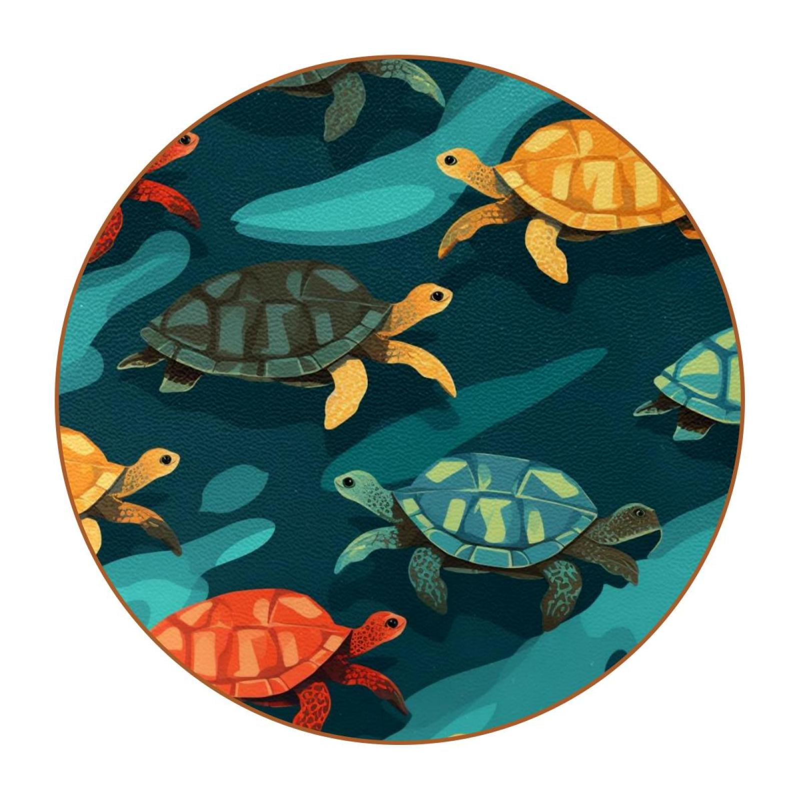 Turtle Set of 6 Microfiber Leather Round Coasters, 11x11 cm/4.3x4.3 in ...