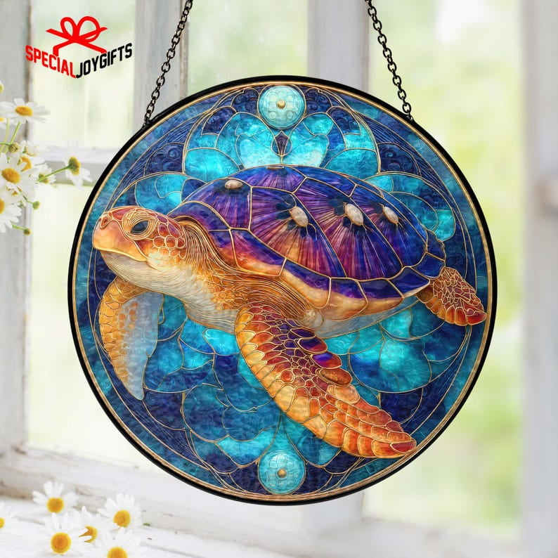 Turtle Stained Glass Suncatcher, Sea Turtle Window Hanging, Turtle ...