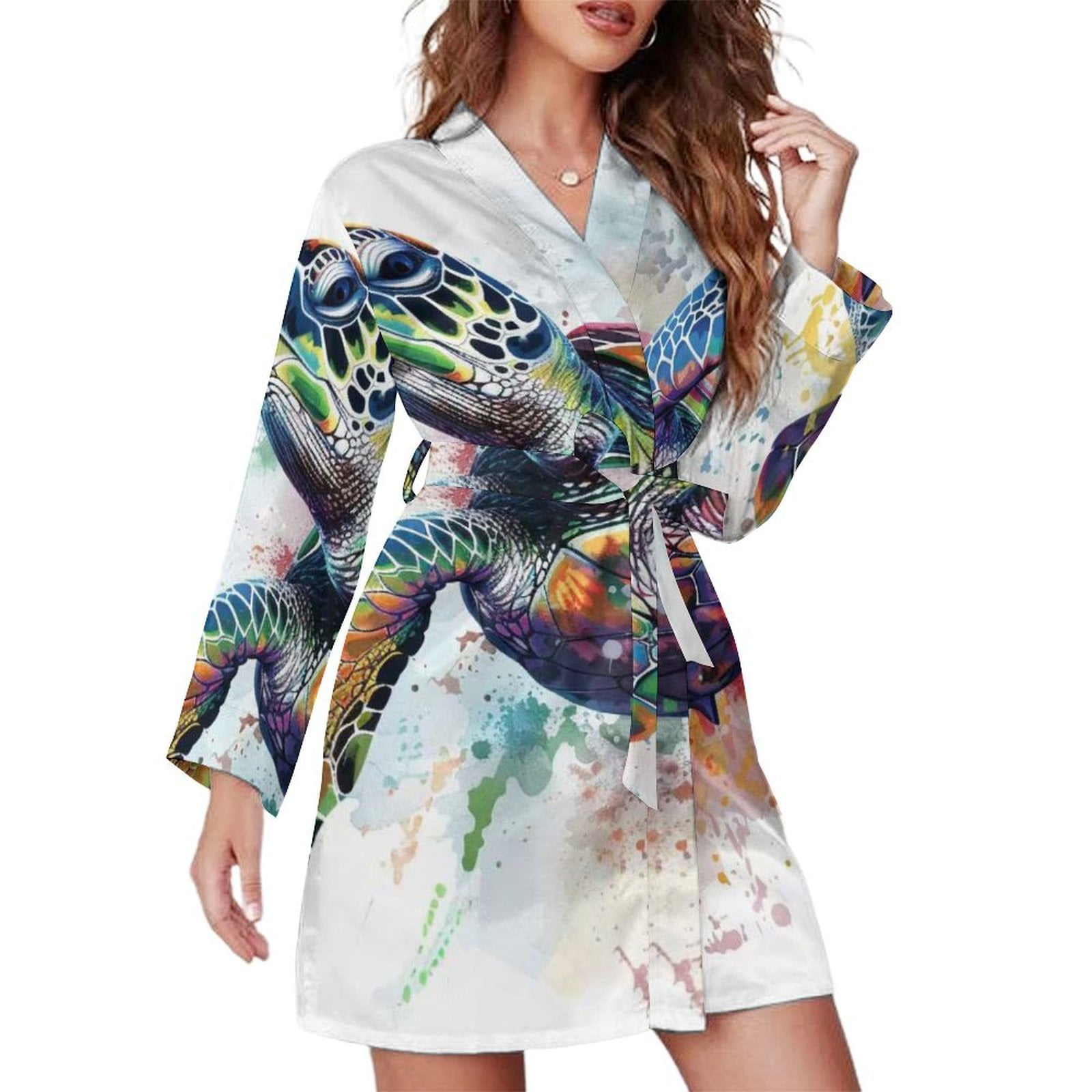 Turtle Swimming Night Robe Long Sleeve V Neck Robe With Belt Women's ...