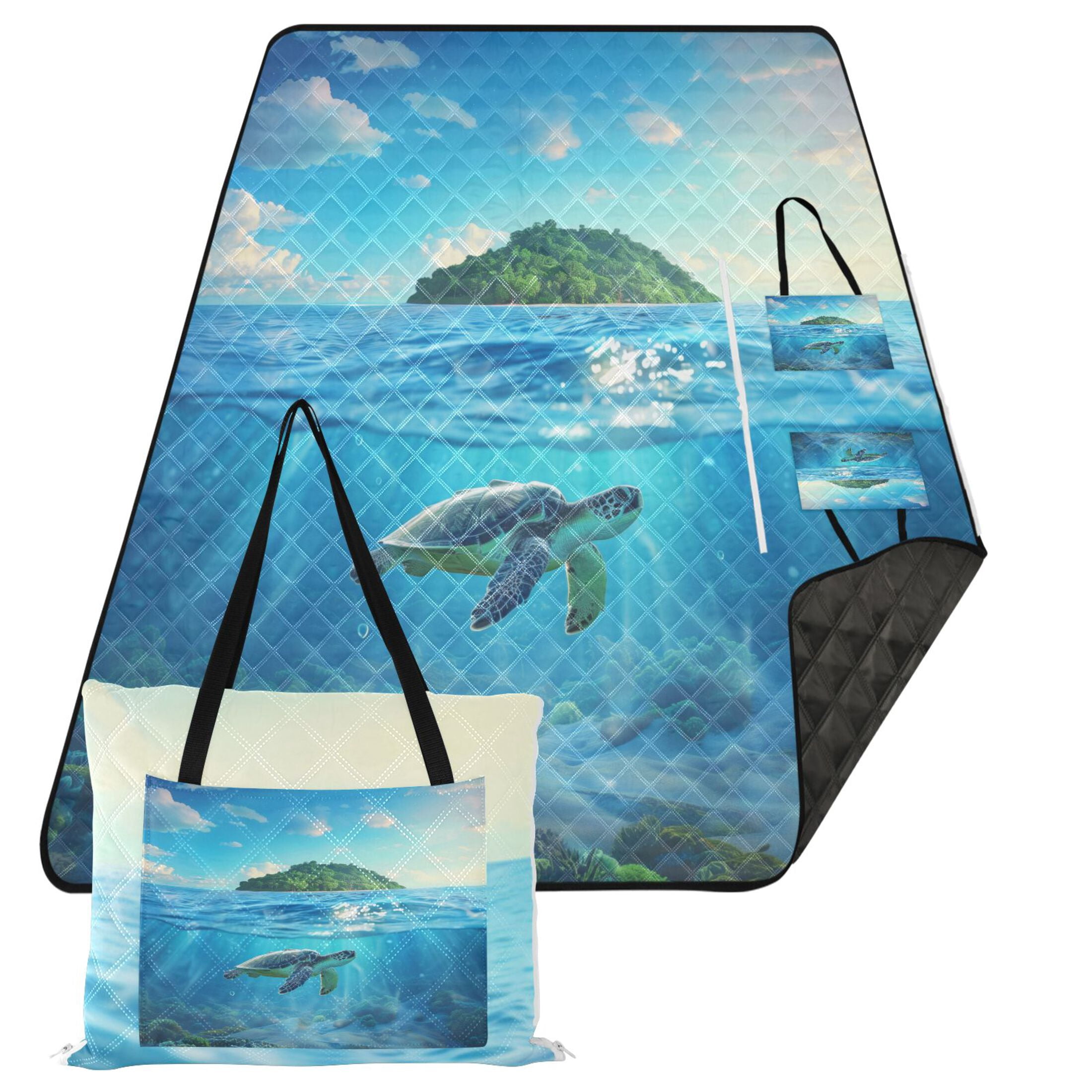 Turtle Swimming and Island Extra Large Picnic Beach Blanket Waterproof ...