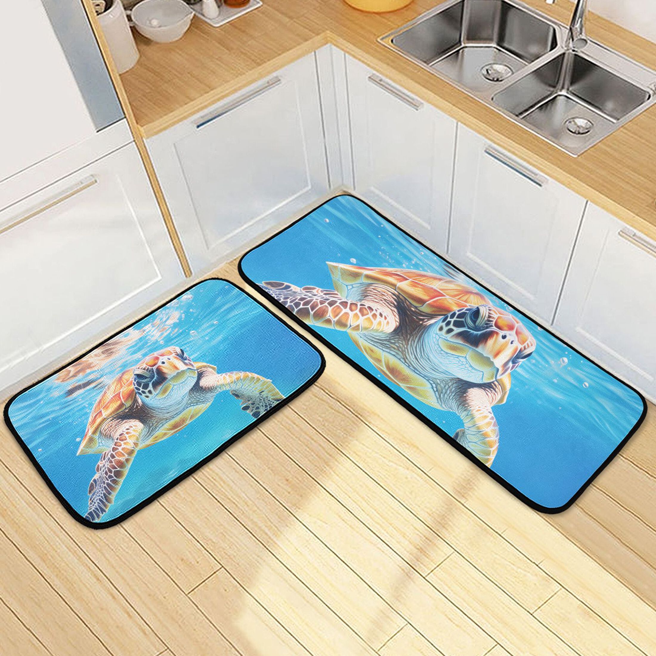 Turtle Swimming in Sea Kitchen Rugs Set of 2 Non Slip Floor Foam Mat ...