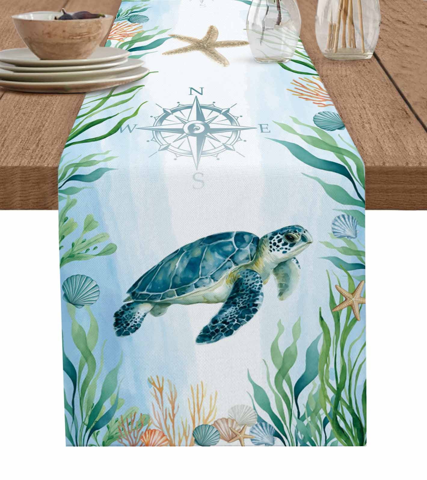 Turtle Table Runner 72 Inches, Blue Ocean Coastal Nautical Compass ...