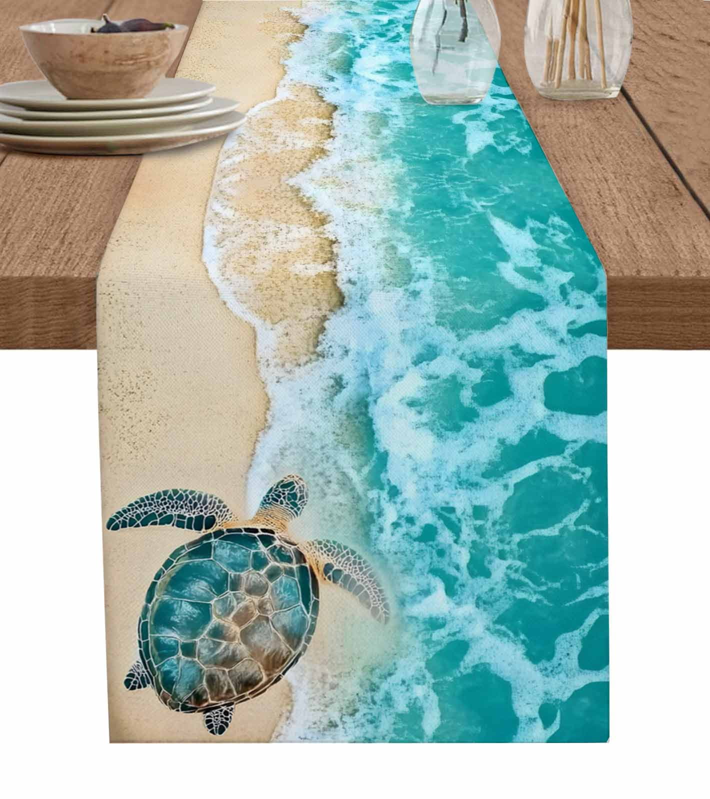 Turtle Table Runner 72 Inches, Coastal Seaside Nature Ocean Marine ...