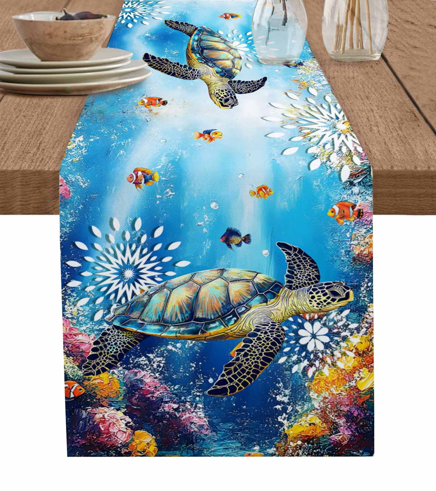 Turtle Table Runner 90 Inches, Ocean Fish Coral Underwater World ...