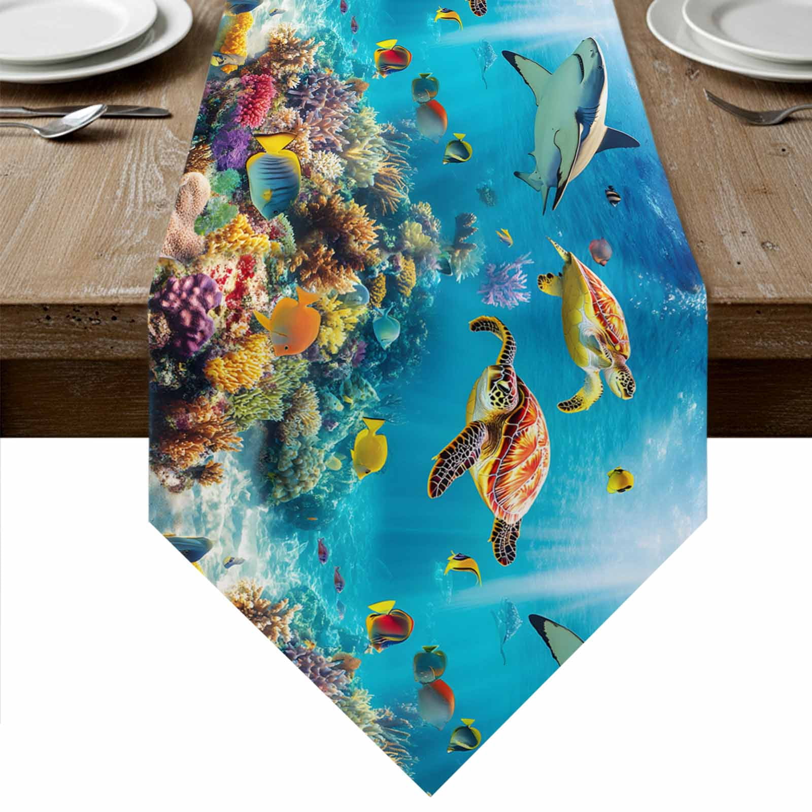 Turtle Table Runner Linen Burlap Table Runner 60 Inches Long Shark ...