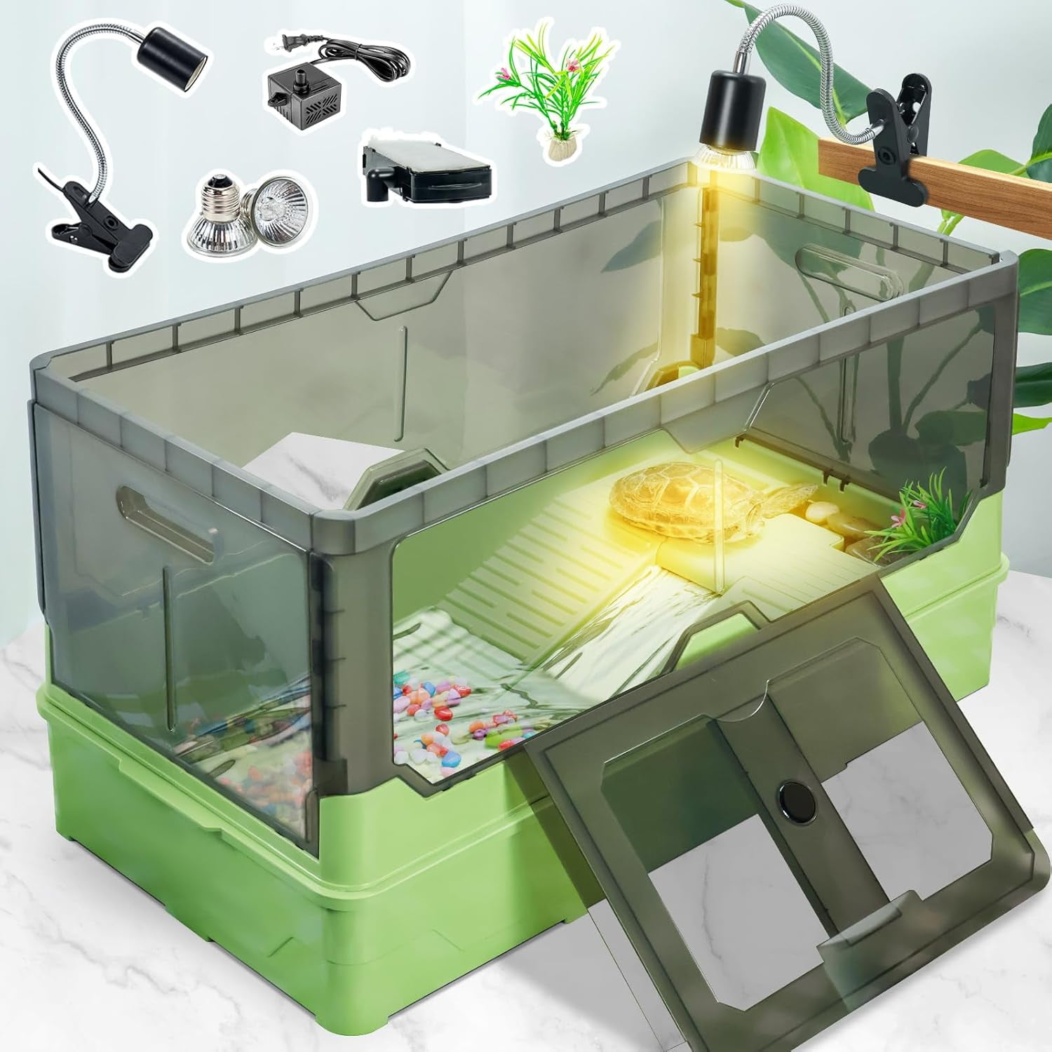 Turtle Tank kit with Filter+Water Pump+Heat lamp, Wheels, Easy to Move ...