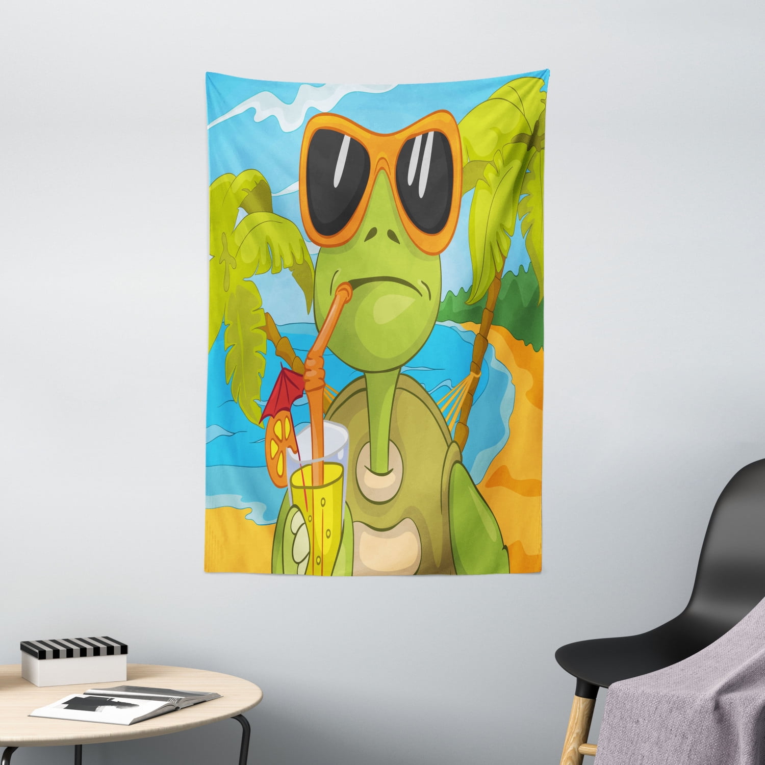 Turtle Tapestry, Cool Sea Turtle with Sunglasses Drinking Cocktail at ...