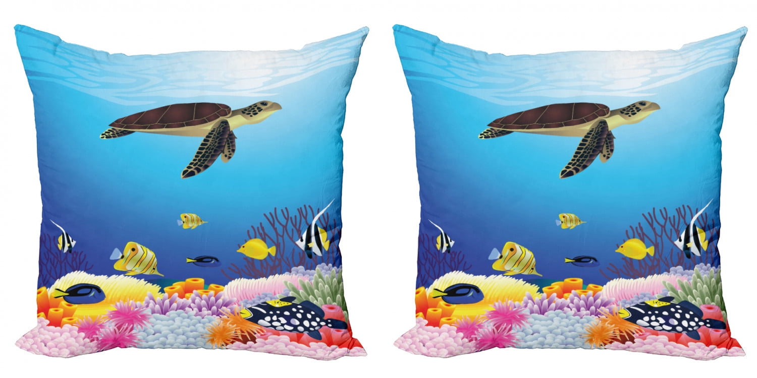 Ambesonne Turtle Throw Pillow Cover 2 Pack, Aquatic Fauna Corals, 20 ...